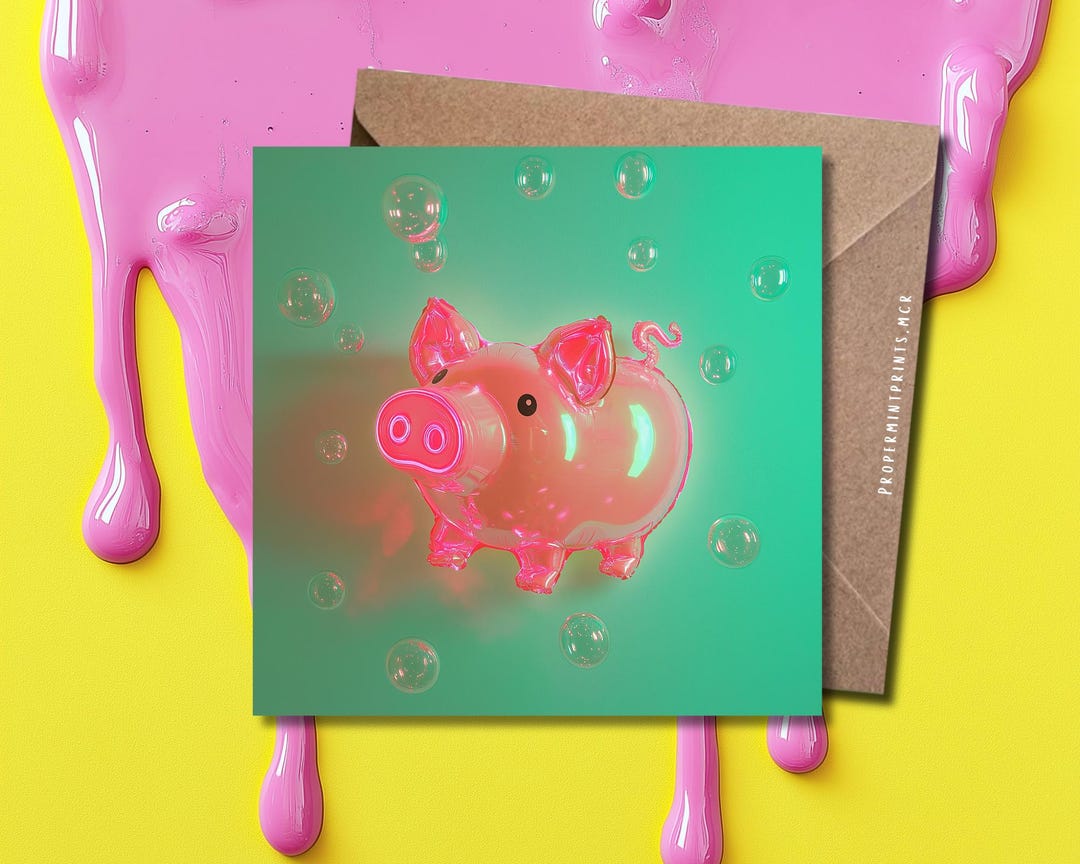 Pig Balloon Neon Greeting Card Cute Green and Pink Pig Card Birthday ...