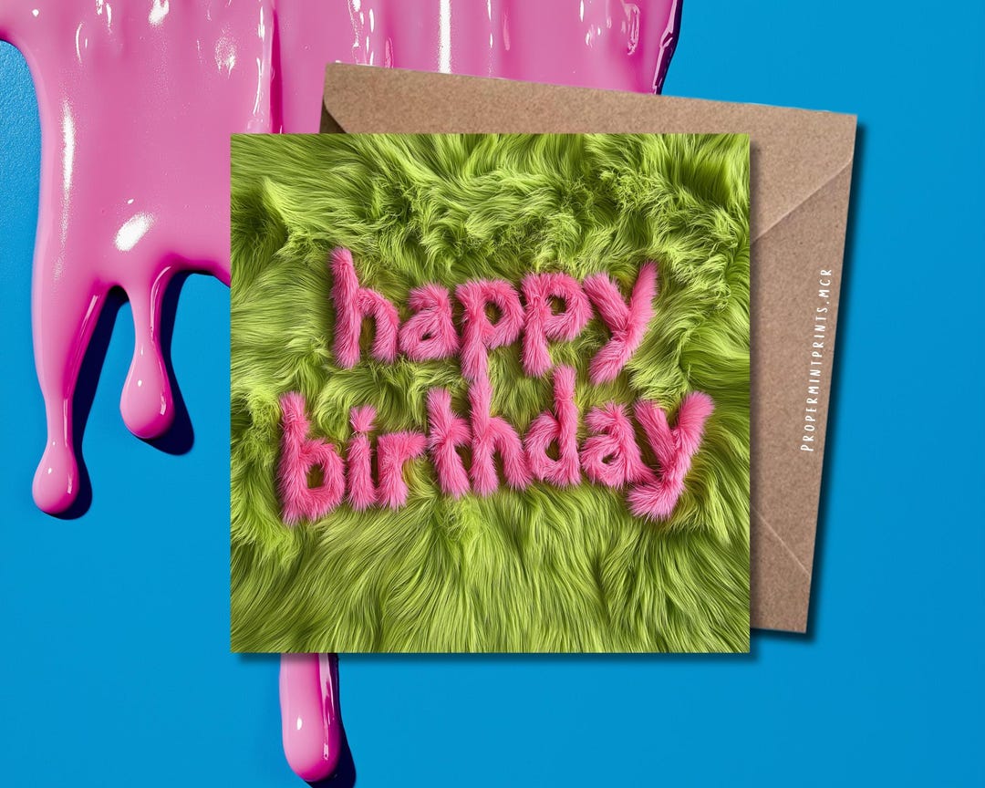 Happy Birthday Greeting Card Pink and Green Fluffy Design Bday Birthday ...
