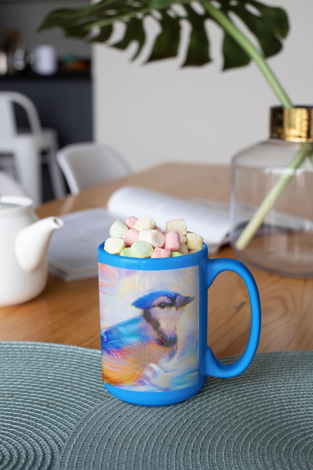 Blue Jay Winter Ceramic Mug, Snowy Songbird Scene, Colorful Bird Coffee ...