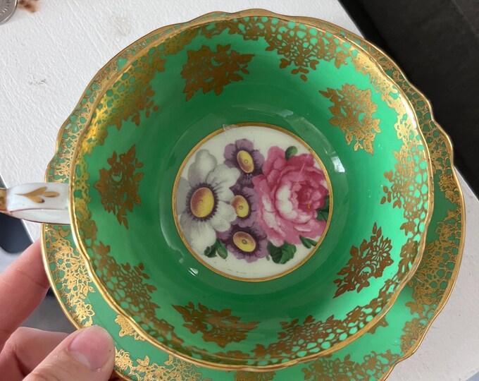 Rare Vintage Green and Gold Floral Paragon Porcelain Teacup and Saucer ...