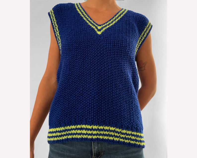 Vintage Blue Knitted Vest, Stylish Handmade Knitwear, V-neck Pullover ...