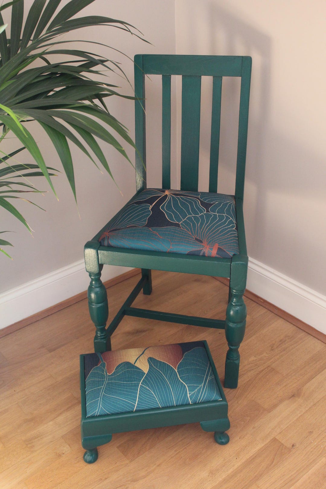 Upcycled Vintage Green Chair and Matching Footstool - Etsy UK