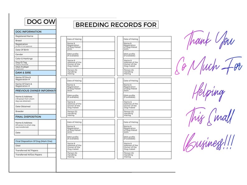Dog Ownership Record and Breeding Records Canva Template US Letter Size ...