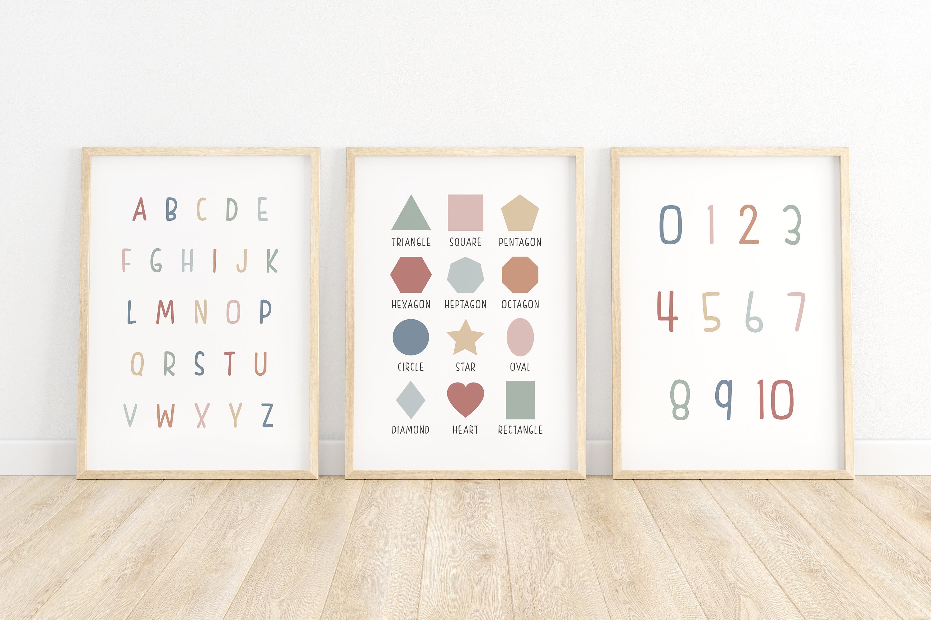 Set of 3 Posters, Alphabet, Shapes, Numbers, Kids Learning Poster ...