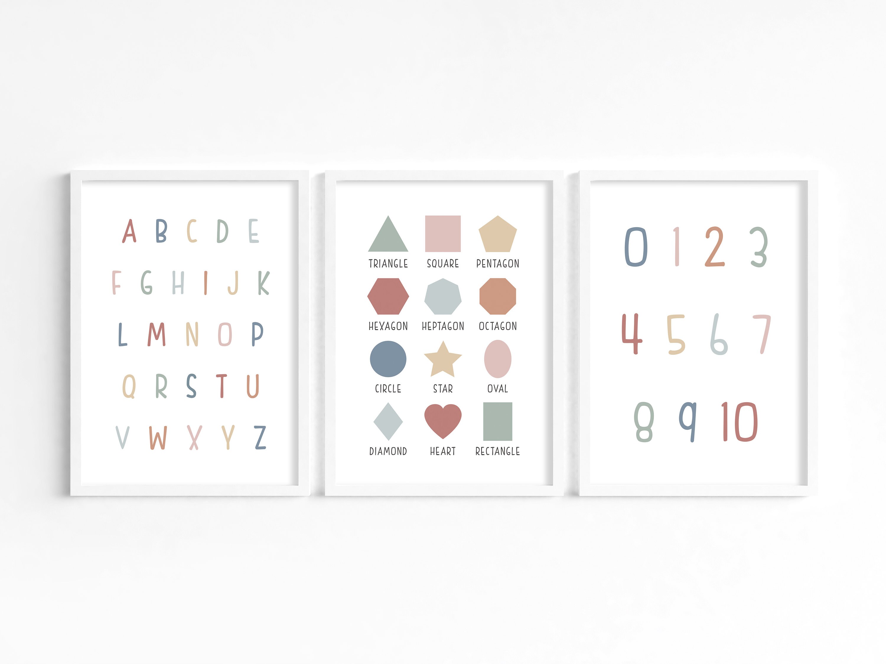 Set of 3 Posters, Alphabet, Shapes, Numbers, Kids Learning Poster ...
