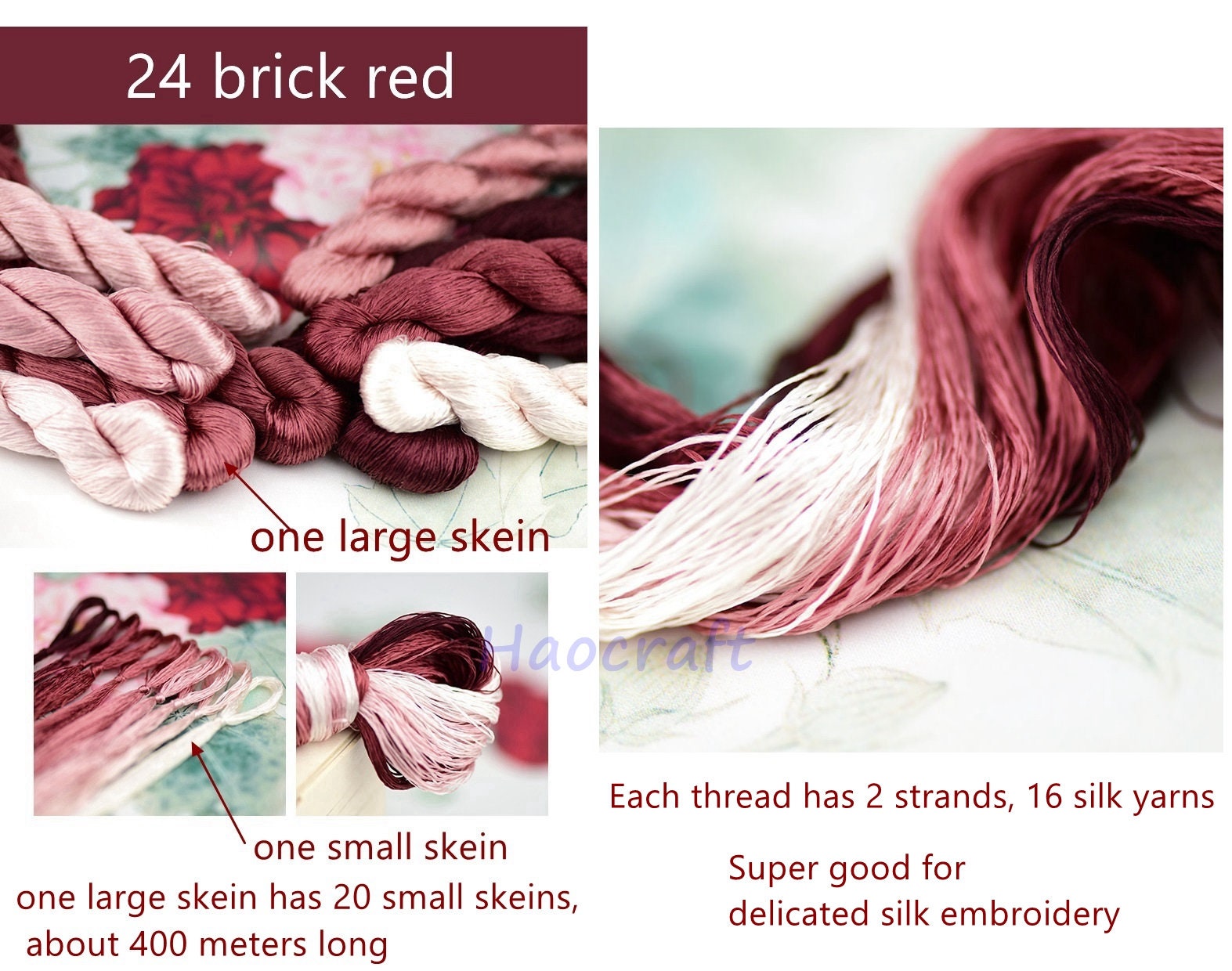 100% Mulberry Silk Embroidery Thread Skeins, Red, Large Skein ...