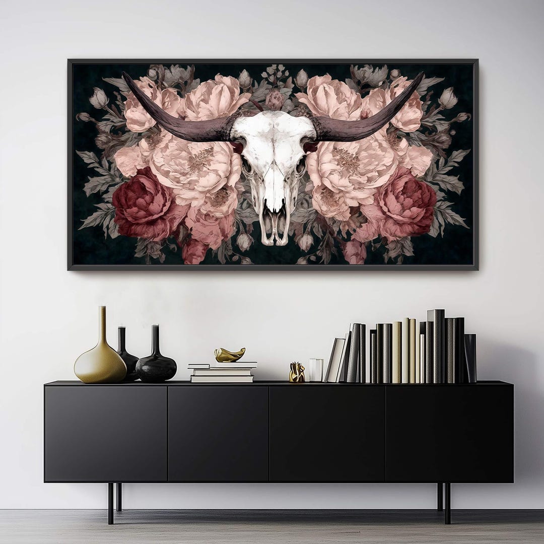 Moody Skull and Blooming Flowers - Western Cow Skull Print With Peonies ...
