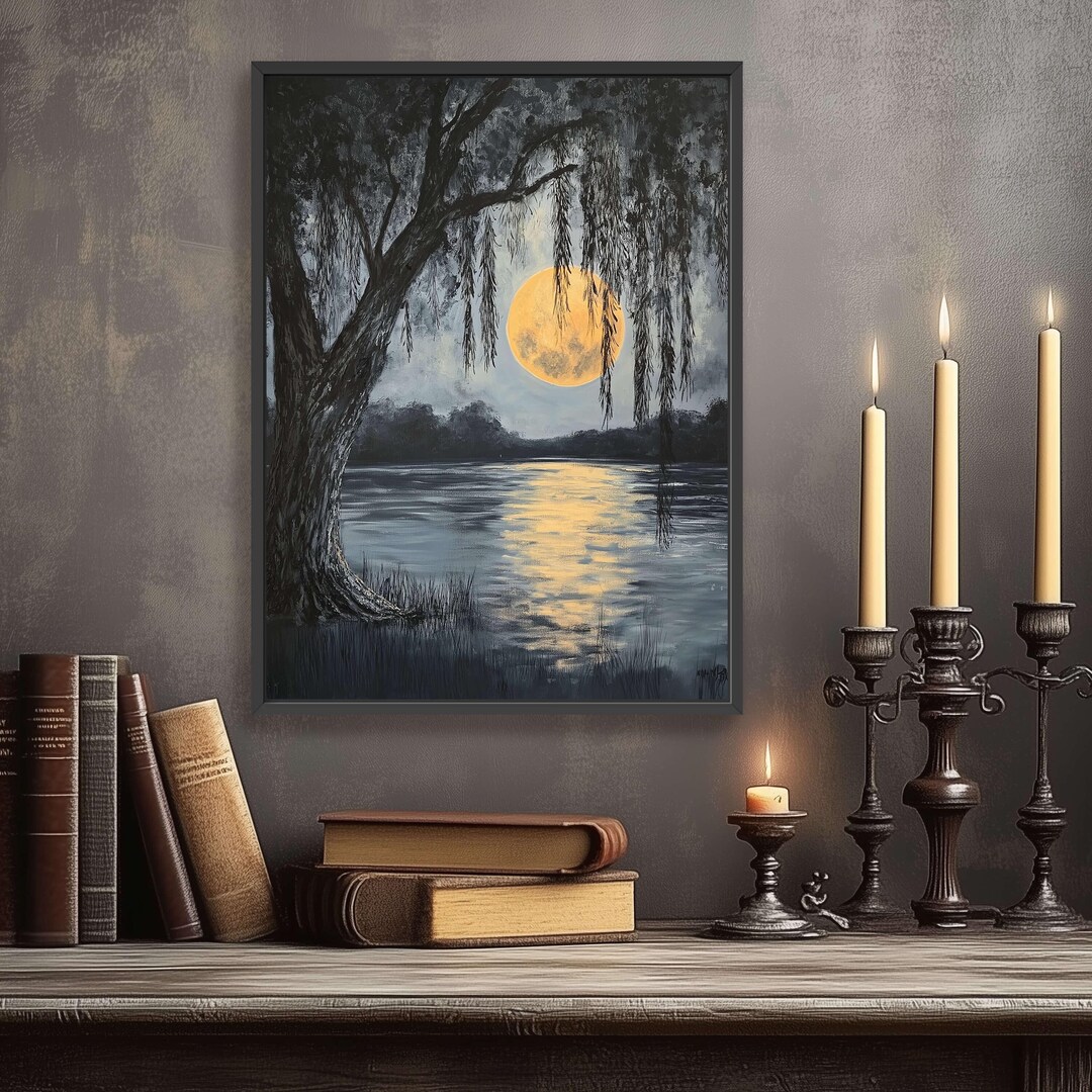 Full Moon Willow Tree by Lake, Moody Mystical Rustic Nature, Mystical ...