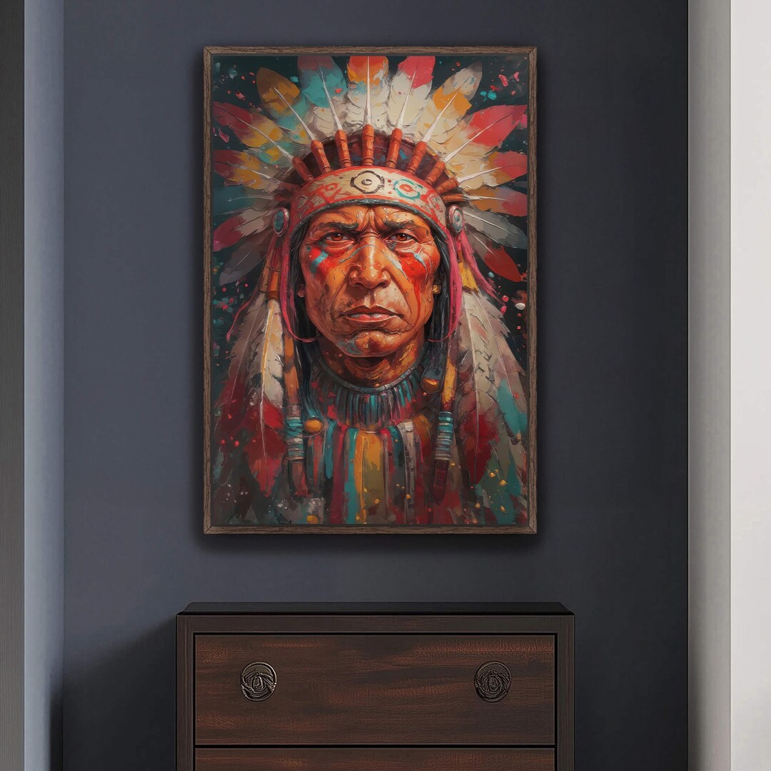Abstract Native American Indian Chief Print, Colorful Western Canvas ...
