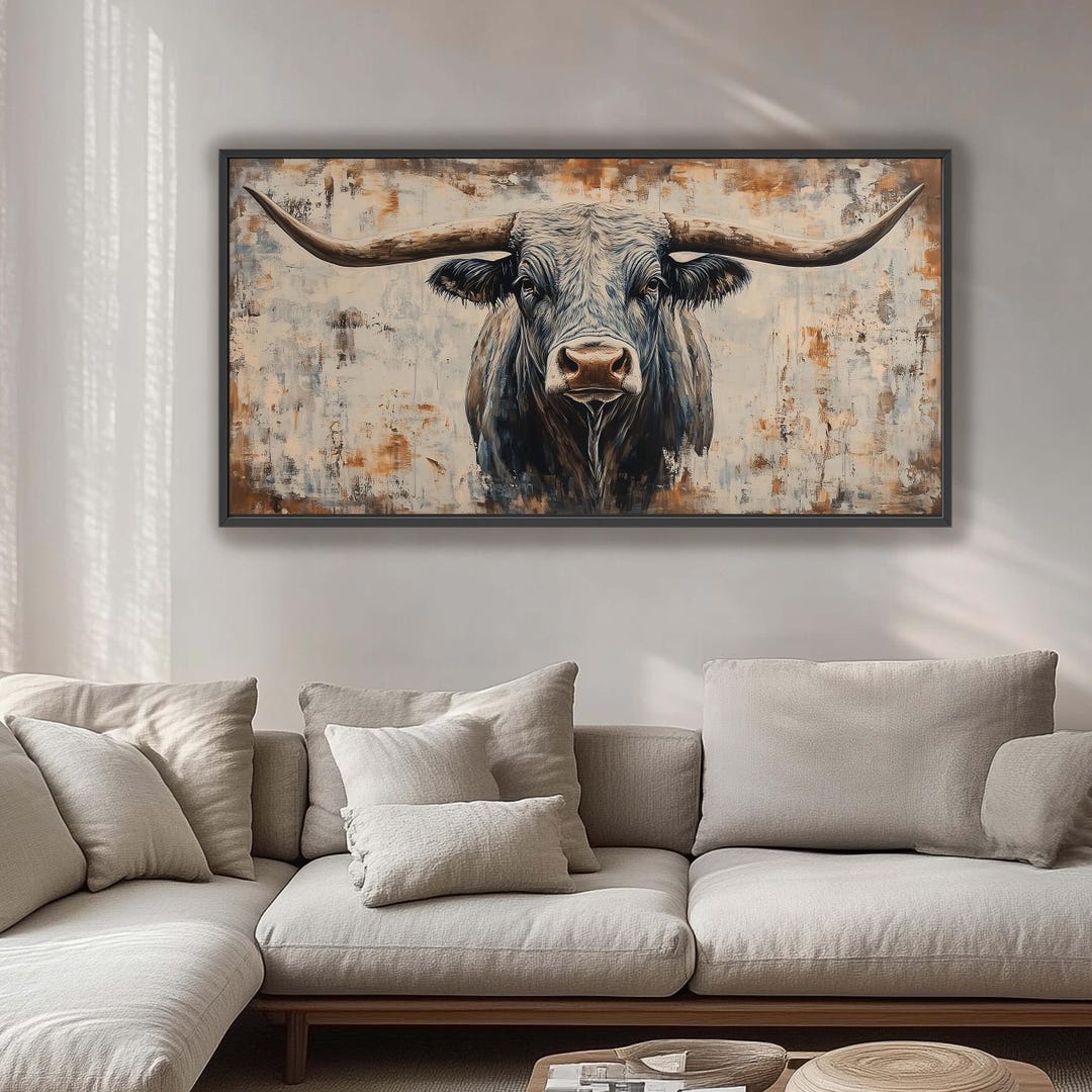 Rustic Bull Wall Art Print, Farmhouse Living Room Art, Texas Longhorn ...