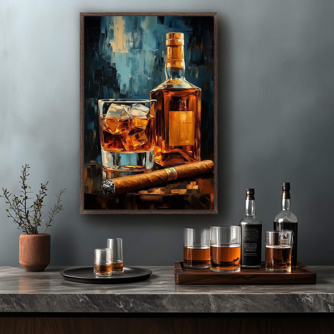 Whiskey and Cigar Wall Art, Bourbon in Glass Canvas, Man Cave Decor ...