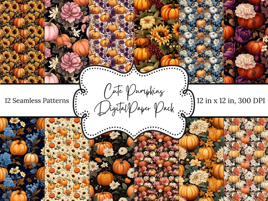 Pumpkin Floral Digital Paper Pack, Fall Seamless Patterns (digital ...