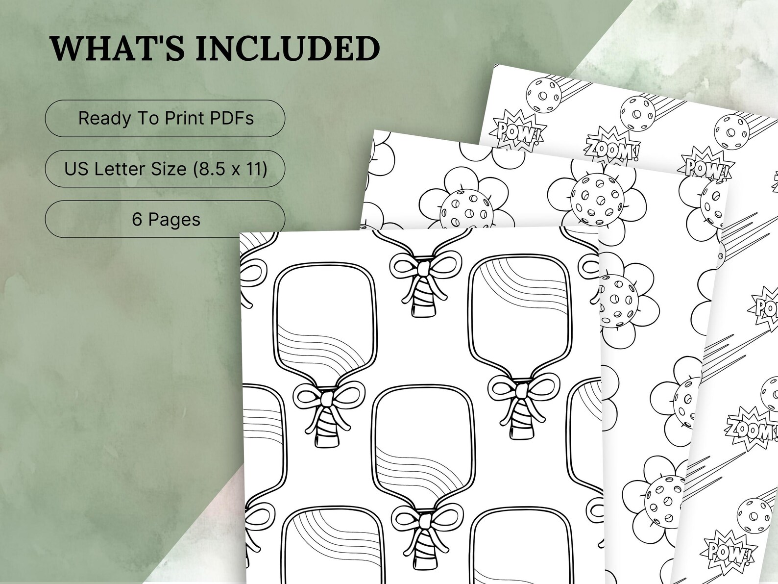 Pickleball Coloring Pages for Adults and Teens, 6 Printable Pdfs, Girly ...