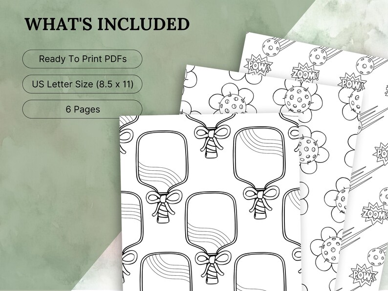 Pickleball Coloring Pages for Adults and Teens, 6 Printable Pdfs, Girly ...