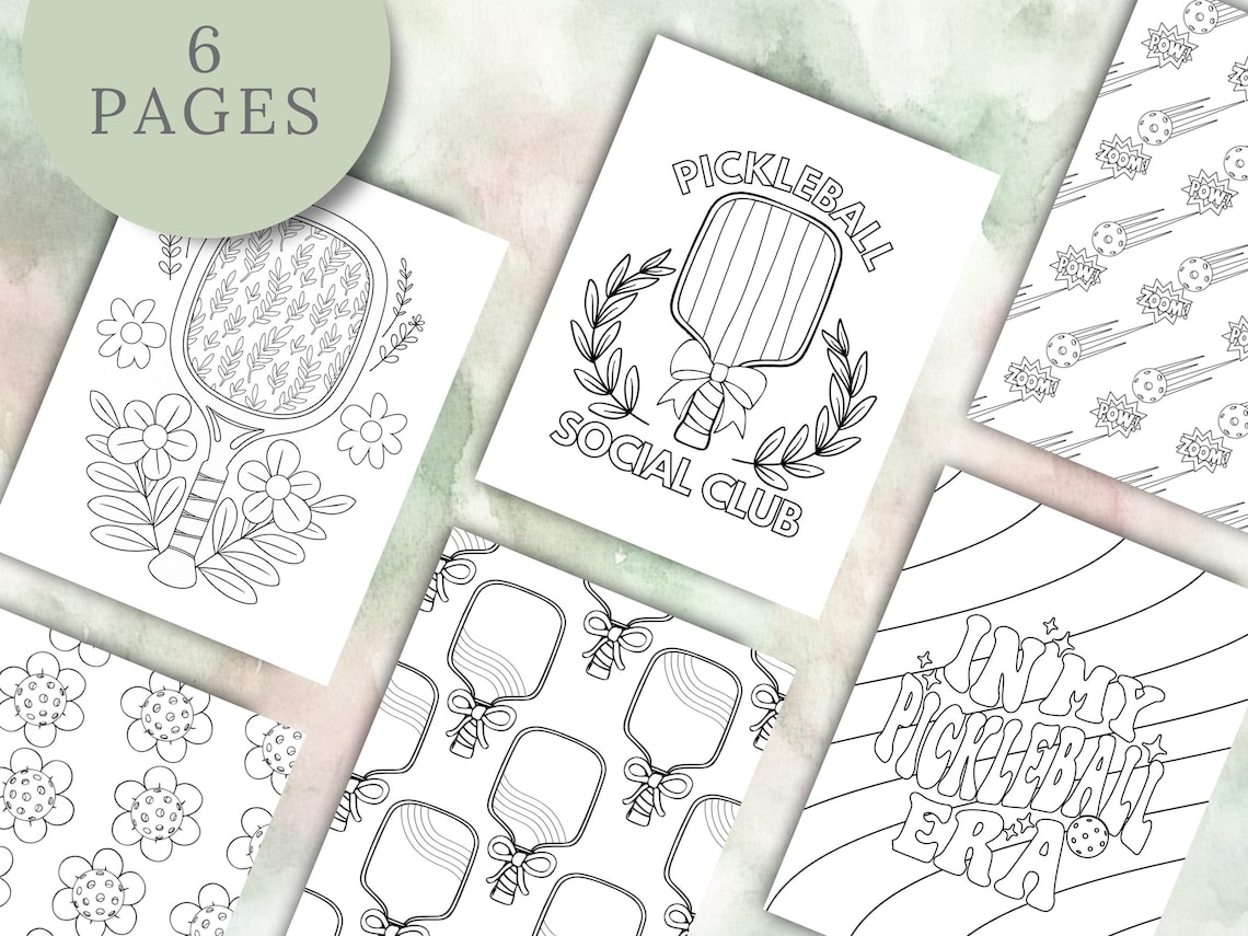 Pickleball Coloring Pages for Adults and Teens, 6 Printable Pdfs, Girly ...