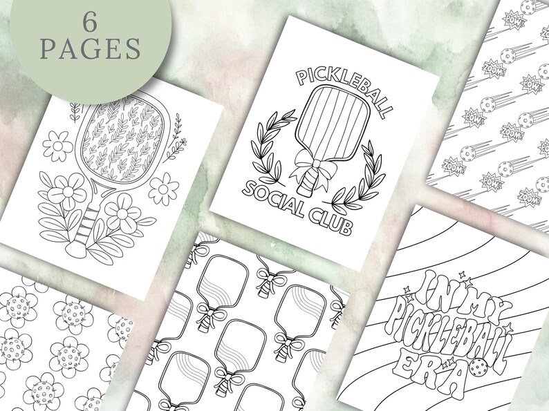 Pickleball Coloring Pages for Adults and Teens, 6 Printable Pdfs, Girly ...