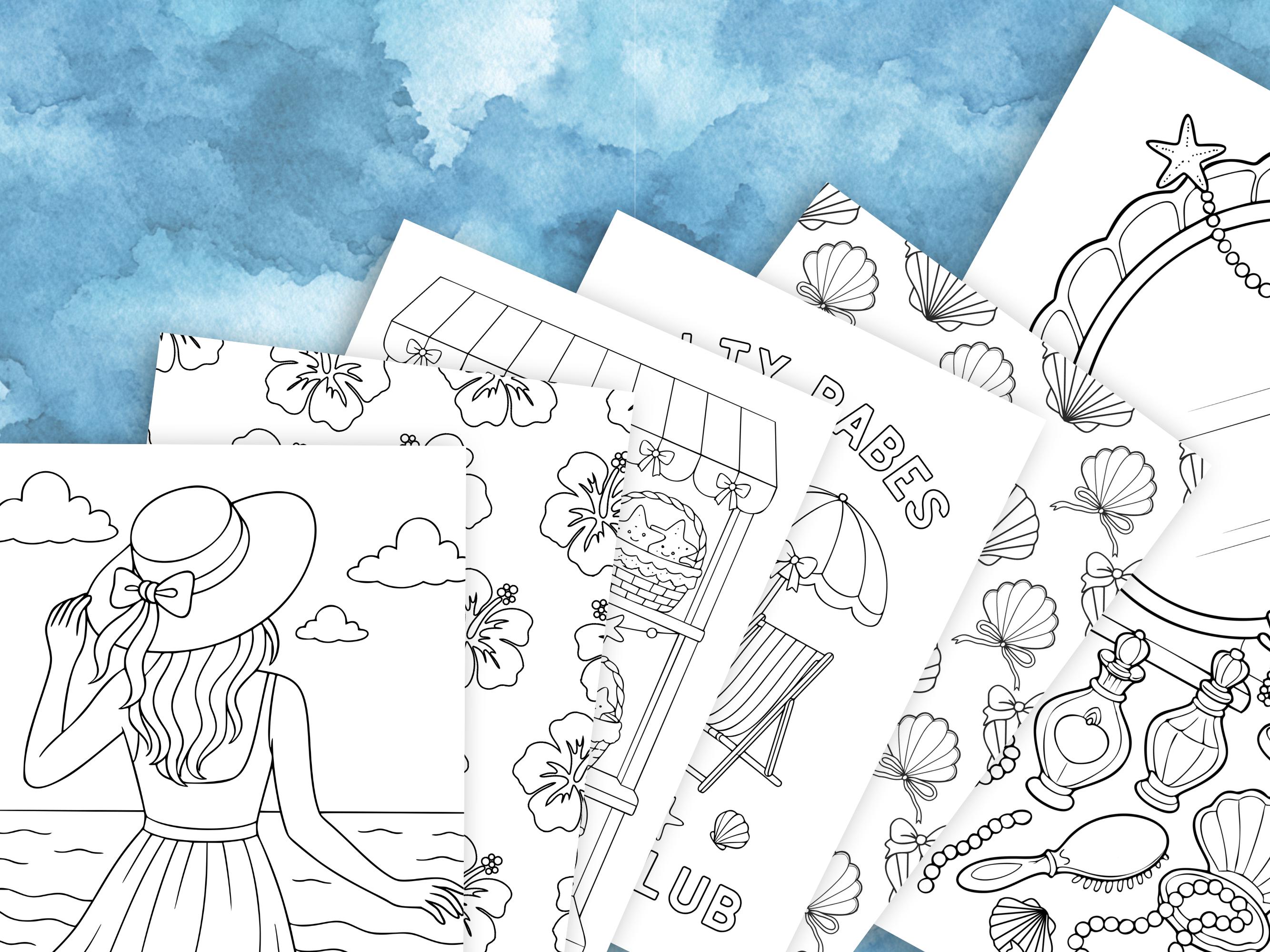 Coastal Coquette Coloring Pages, Adult Coloring Book PDF, Girly Summer ...