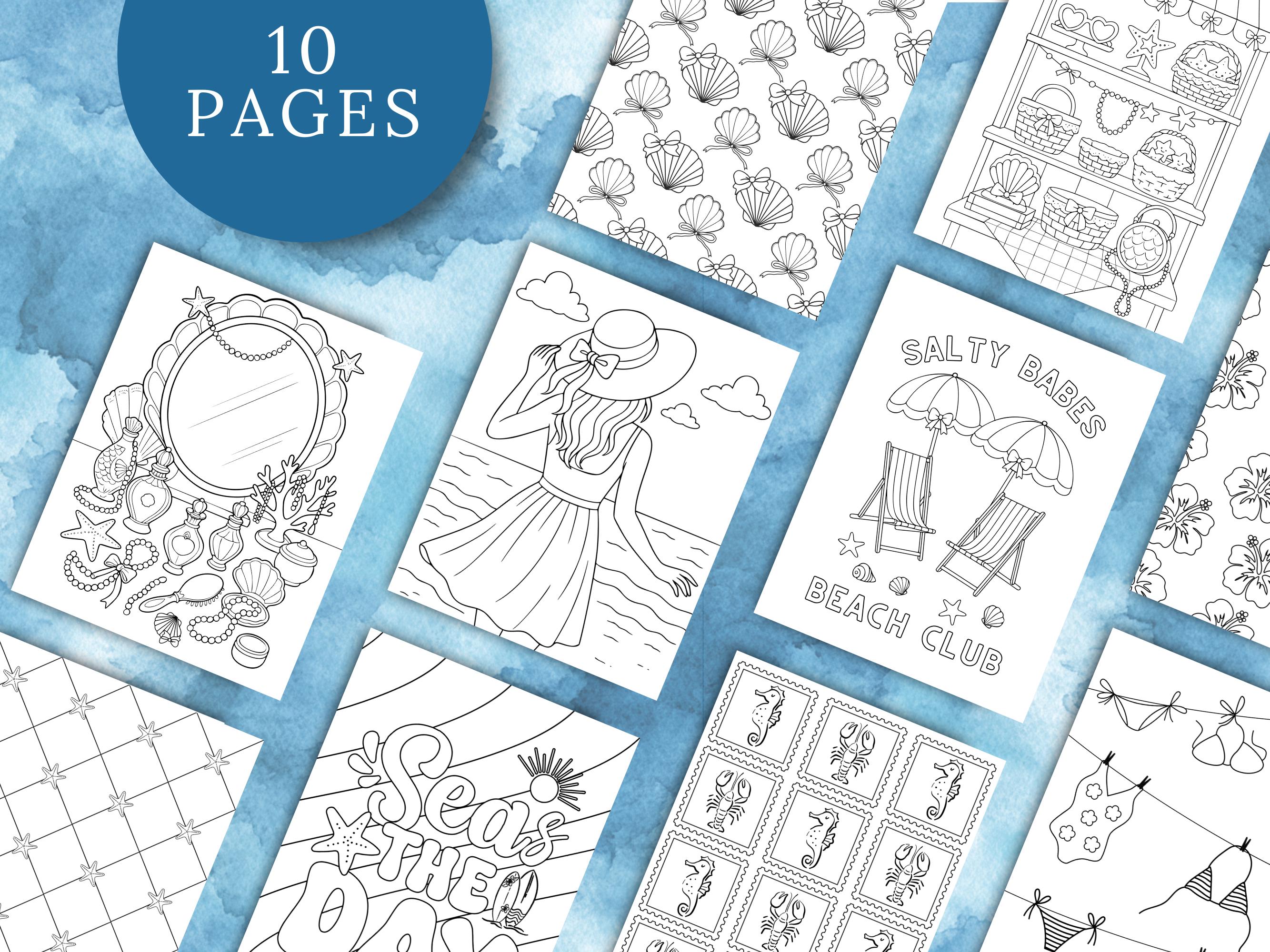 Coastal Coquette Coloring Pages, Adult Coloring Book PDF, Girly Summer ...