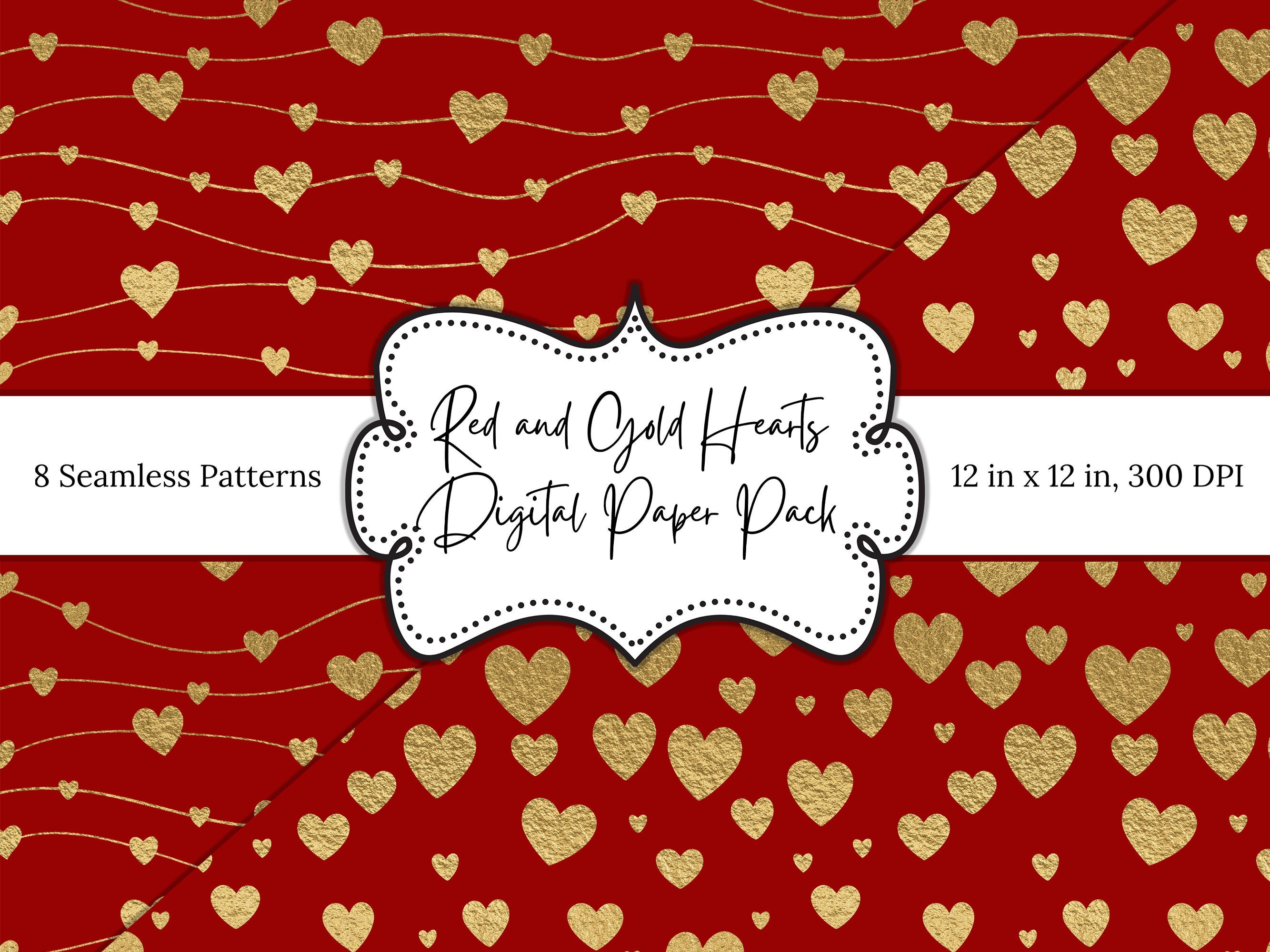 Red and Gold Hearts Digital Paper Pack, Valentine's Day Seamless ...
