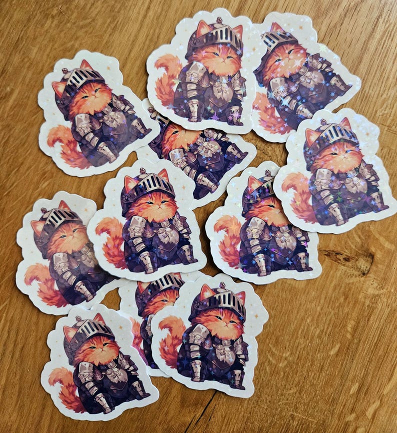 Orange Cat Knight Sticker – Cute Armored Cat Vinyl Sticker for Laptops ...