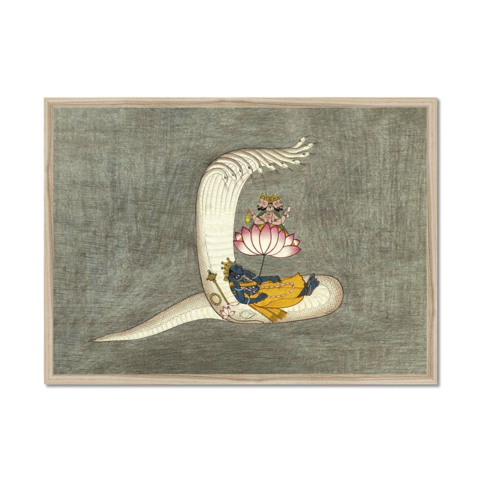 Framed Antique Vishnu, Brahma, Naga, Cosmic Creation Hindu Deity Yoga ...