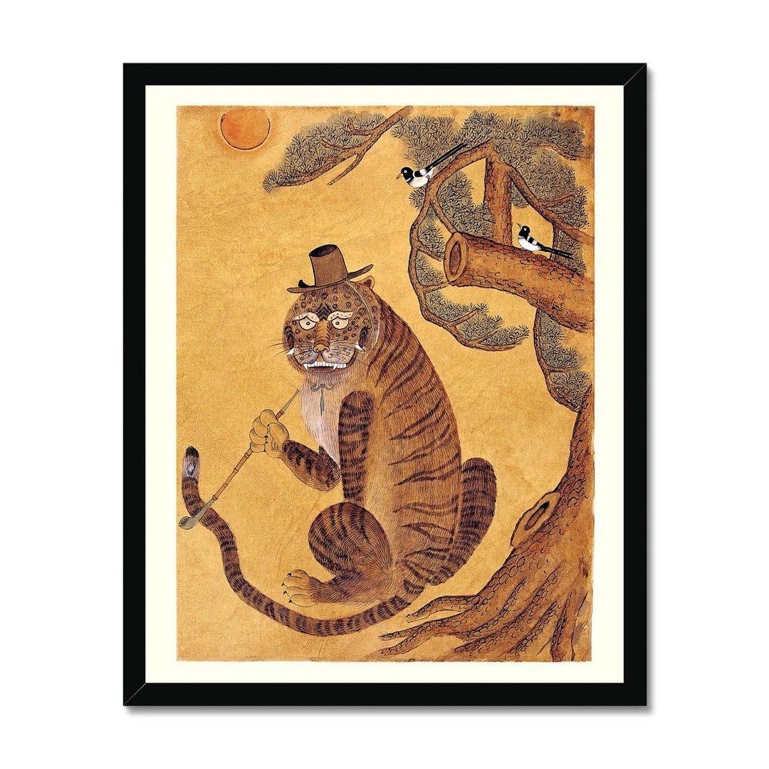 Framed Tiger Smoking a Pipe, With Magpies | Korean Minhwa Folk Art ...