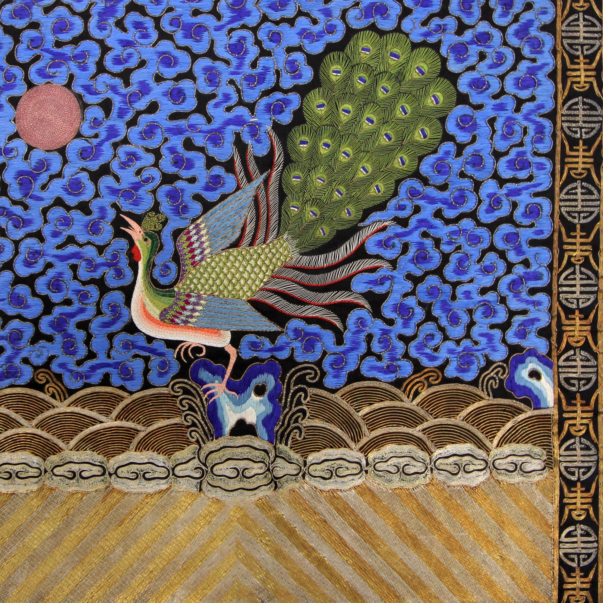 Gold Framed Peacock Mandarin Square | Traditional Qing Dynasty Silk ...