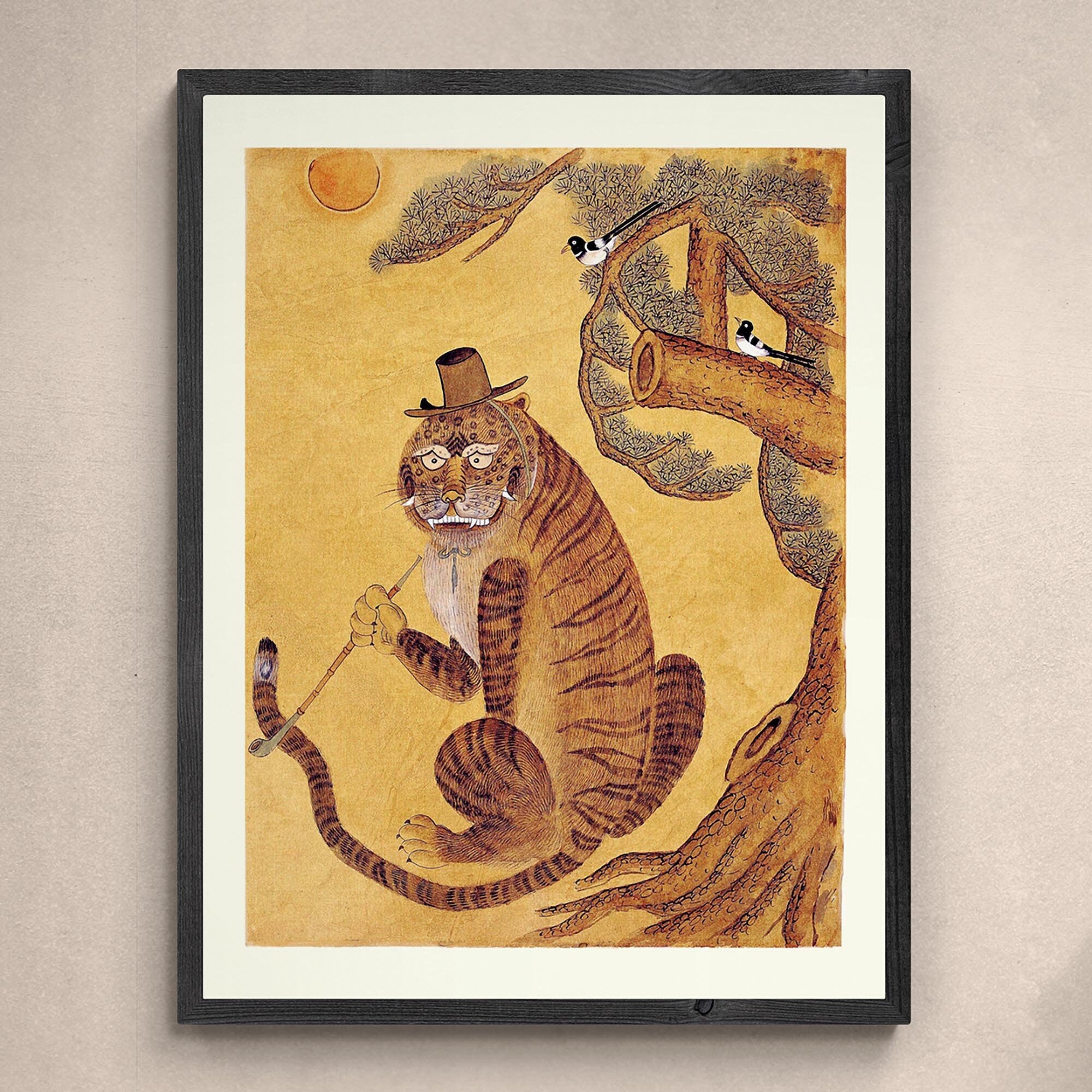 Minhwa Tiger Smoking a Pipe, With Magpies | Korean Folk Art Mythology ...