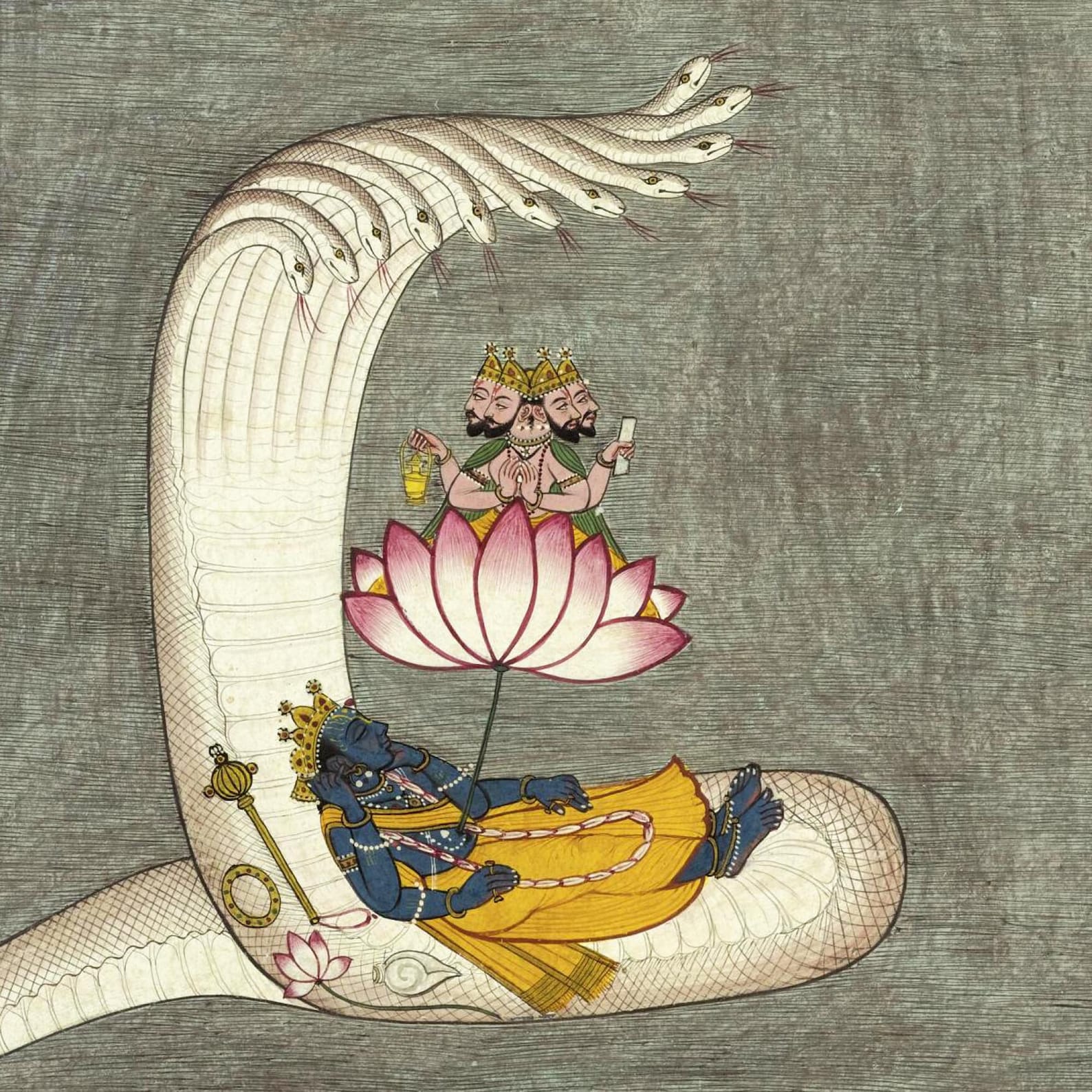 Framed Antique Vishnu, Brahma, Naga, Cosmic Creation Hindu Deity Yoga ...