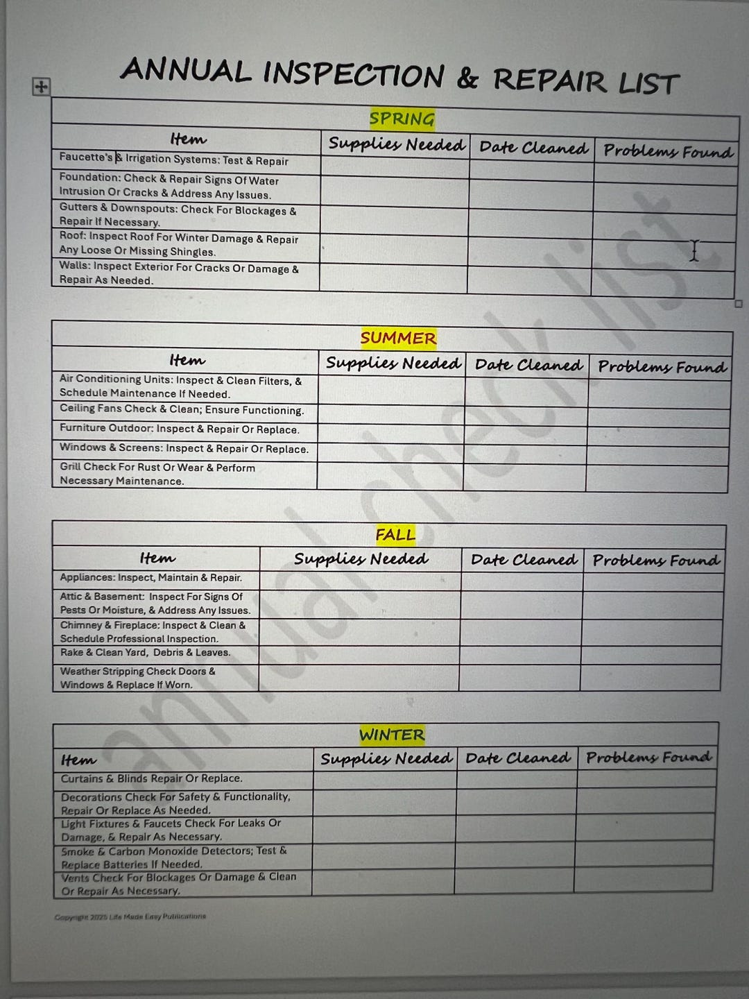 Annual Inspection and Repair Checklist Basic. Printable. Streamlined ...