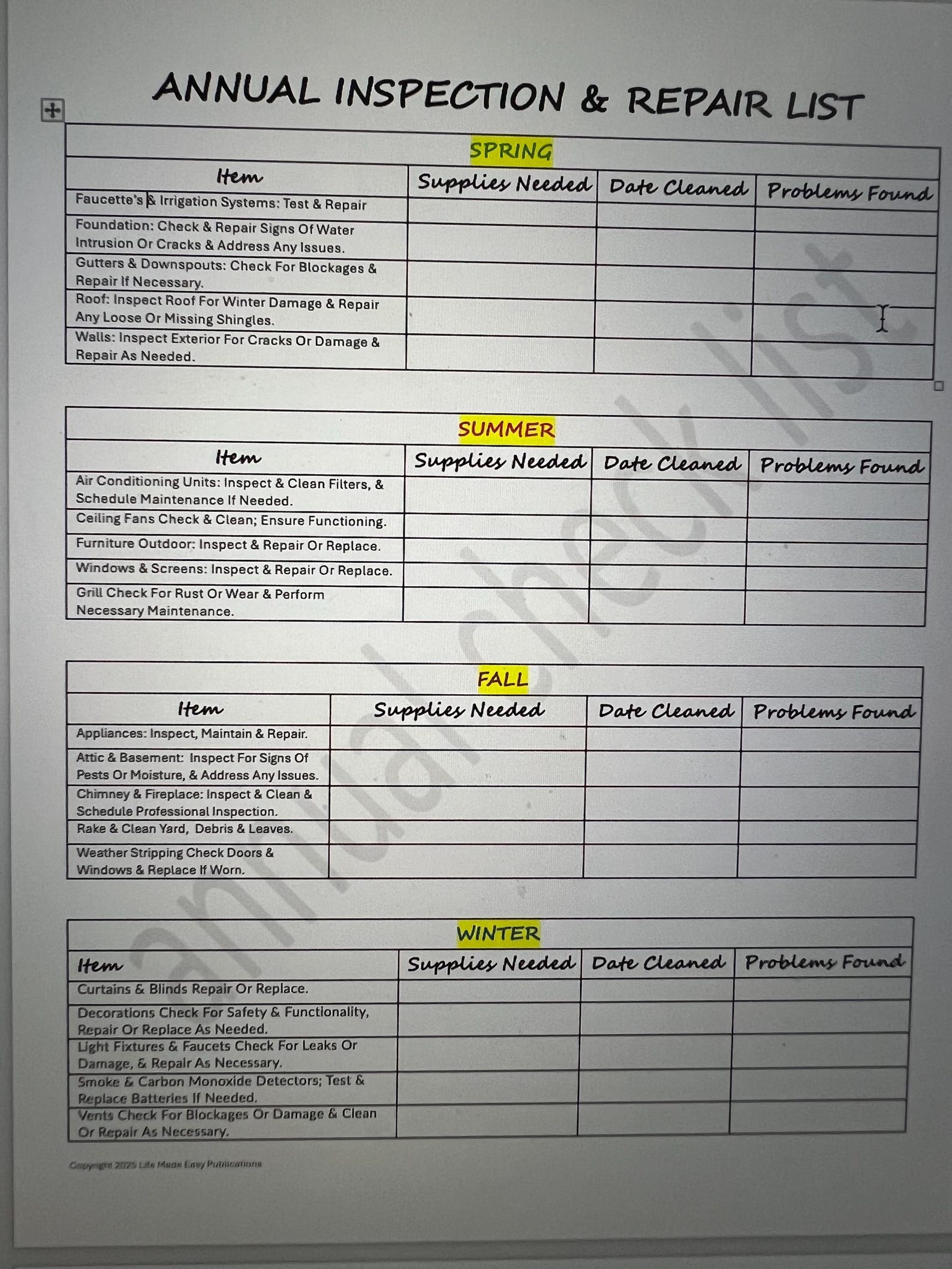 Annual Inspection and Repair Checklist Basic. Printable. Streamlined ...