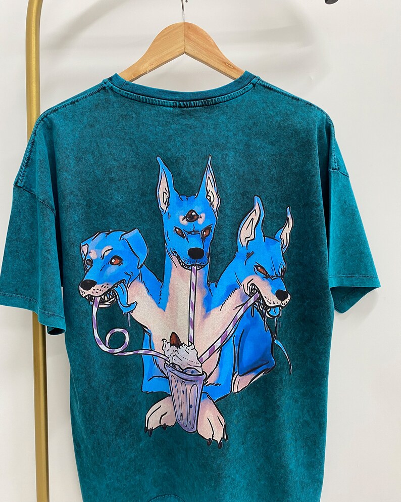 Blue Cerberus Hound of Hades Printed Tie Dye Acid Wash Unisex Oversized ...