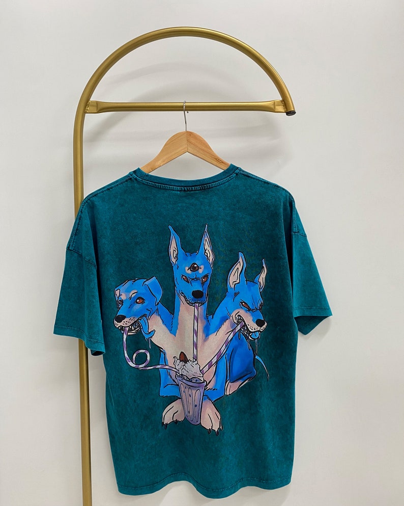 Blue Cerberus Hound of Hades Printed Tie Dye Acid Wash Unisex Oversized ...