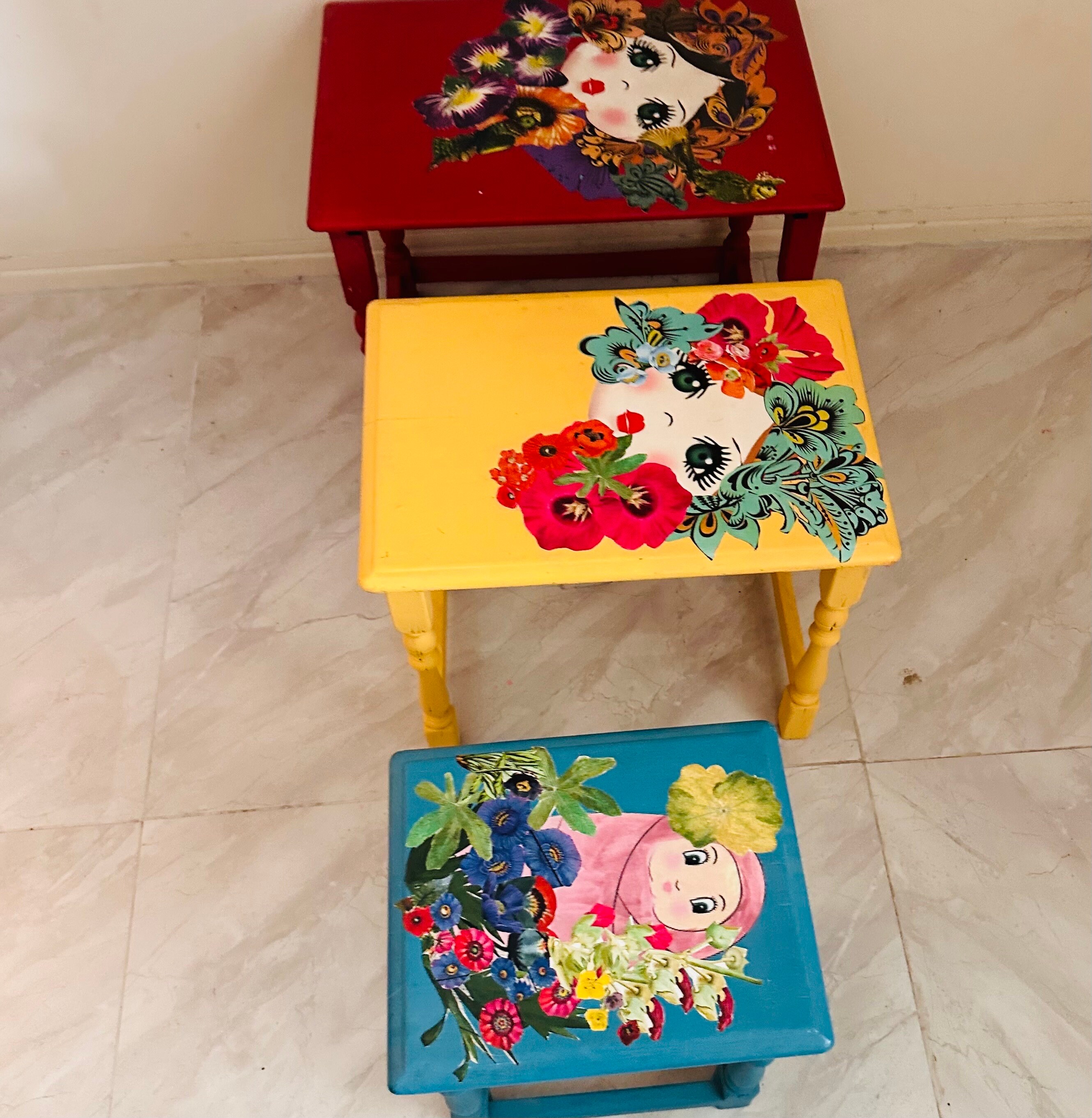 Hand-painted Decoupaged Small Nesting Vintage Wood Tables Matryoshka Bold Colors Primary - Etsy