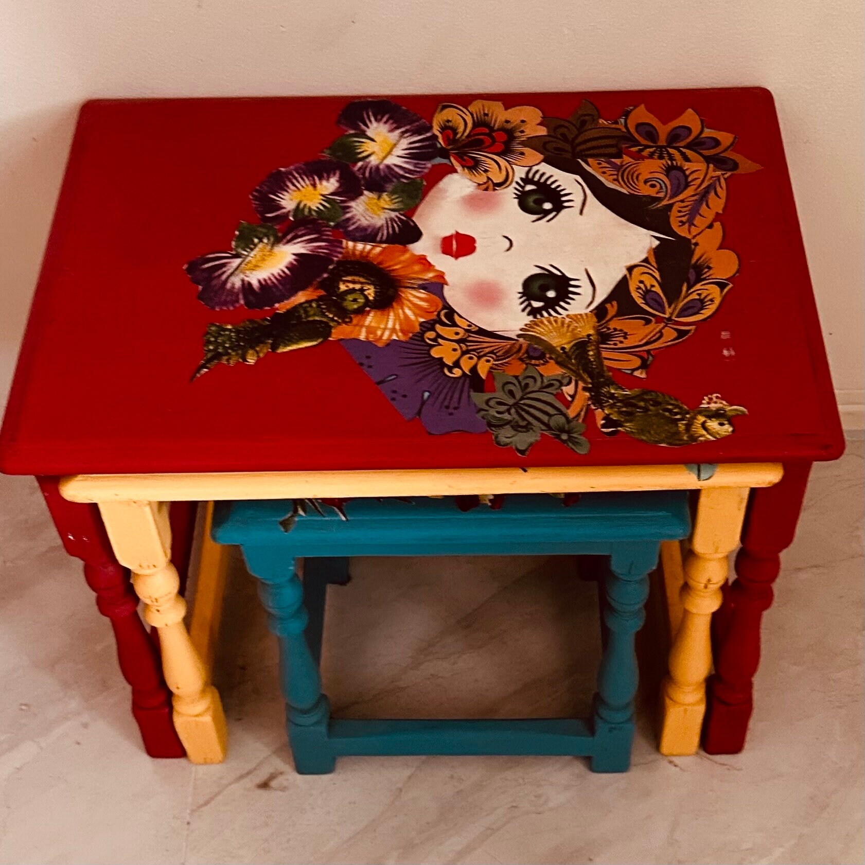 Hand-painted Decoupaged Small Nesting Vintage Wood Tables Matryoshka Bold Colors Primary - Etsy
