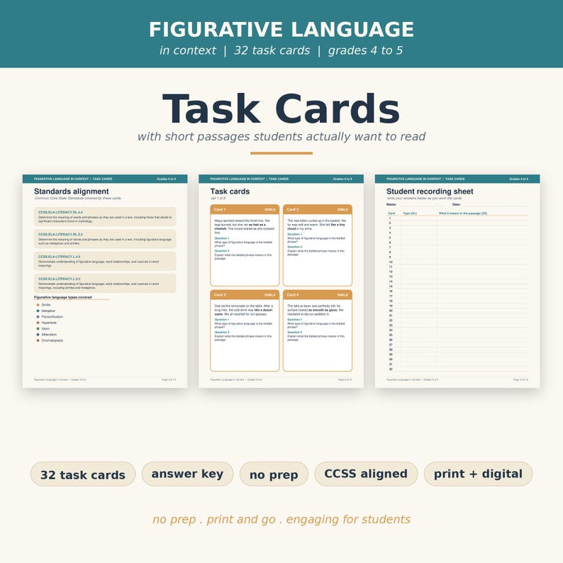 Figurative Language Task Cards Printable, 32 Cards With Short Passages ...