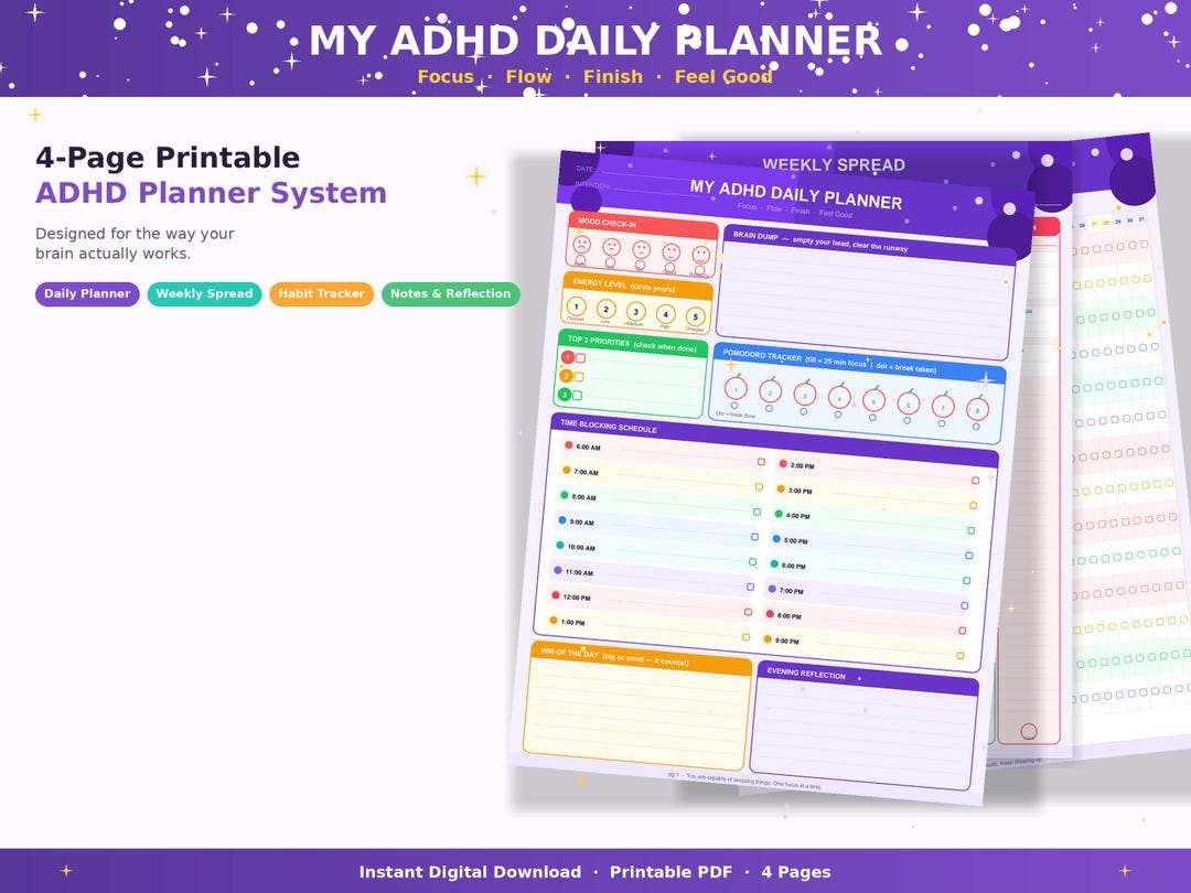 ADHD Daily Planner Printable PDF | 4-page Bundle | Daily Schedule ...