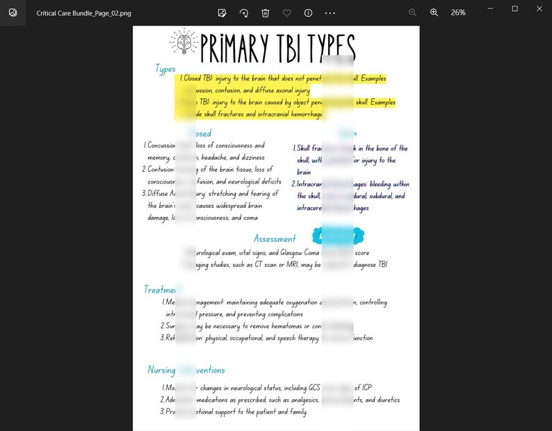 NCLEX Primary TBI Traumatic Brain Injury Types Handwritten Study Sheet ...
