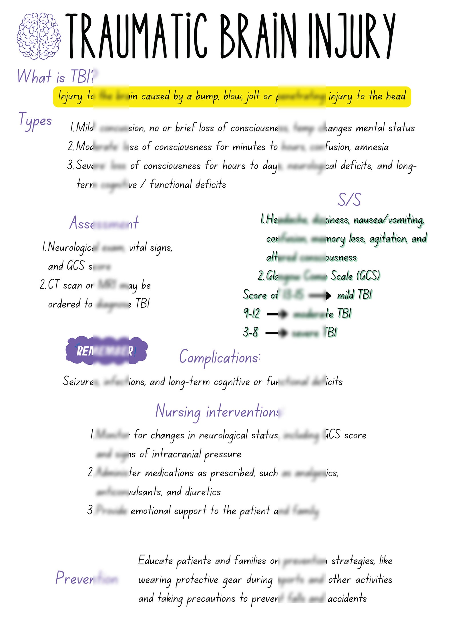 NCLEX - Traumatic Brain Injury - Handwritten Study Sheet - What You ...
