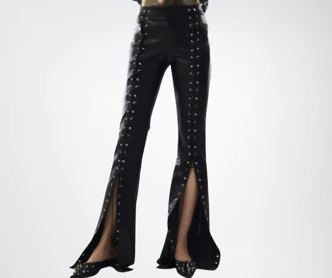 Women's Sheepskin Bell Bottom Lace up Leather Pants, Leather Flared ...