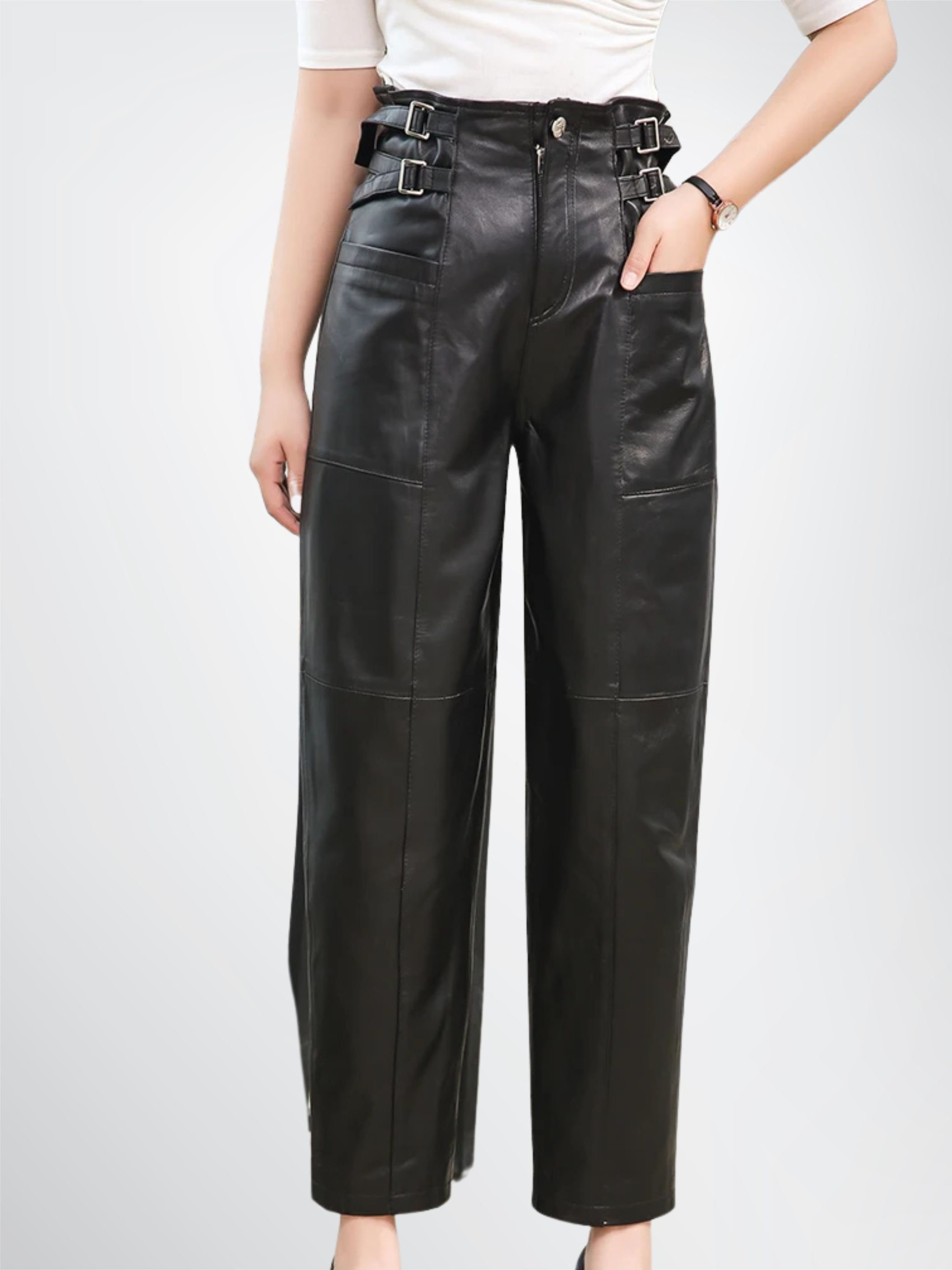 Women's High Waisted Genuine Leather Pants, Real Leather Pants, Black ...