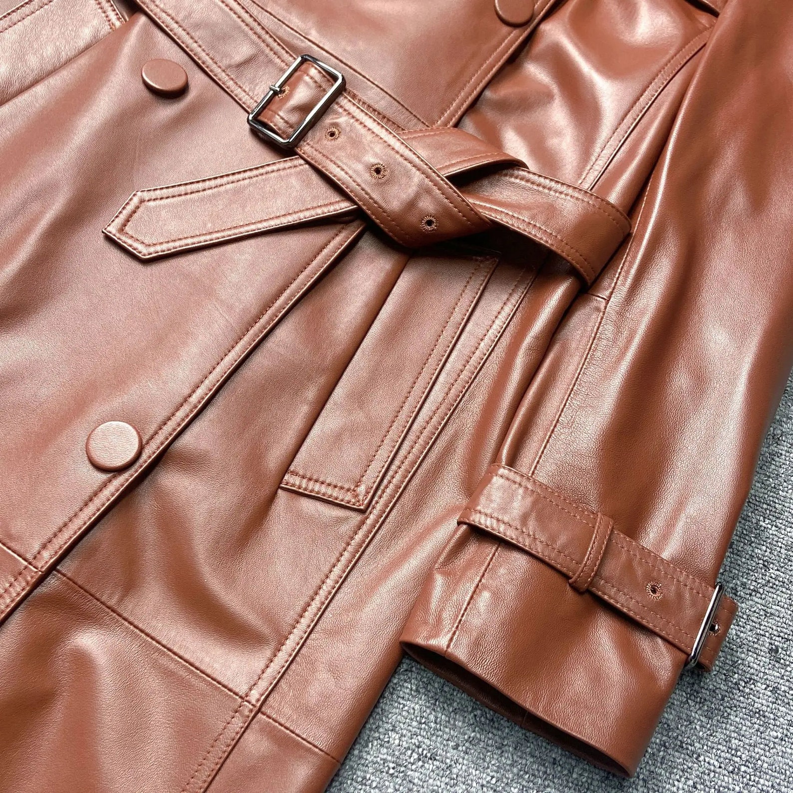 Elegant Women's Genuine Soft Leather Trench Coat, Brown Long Leather ...