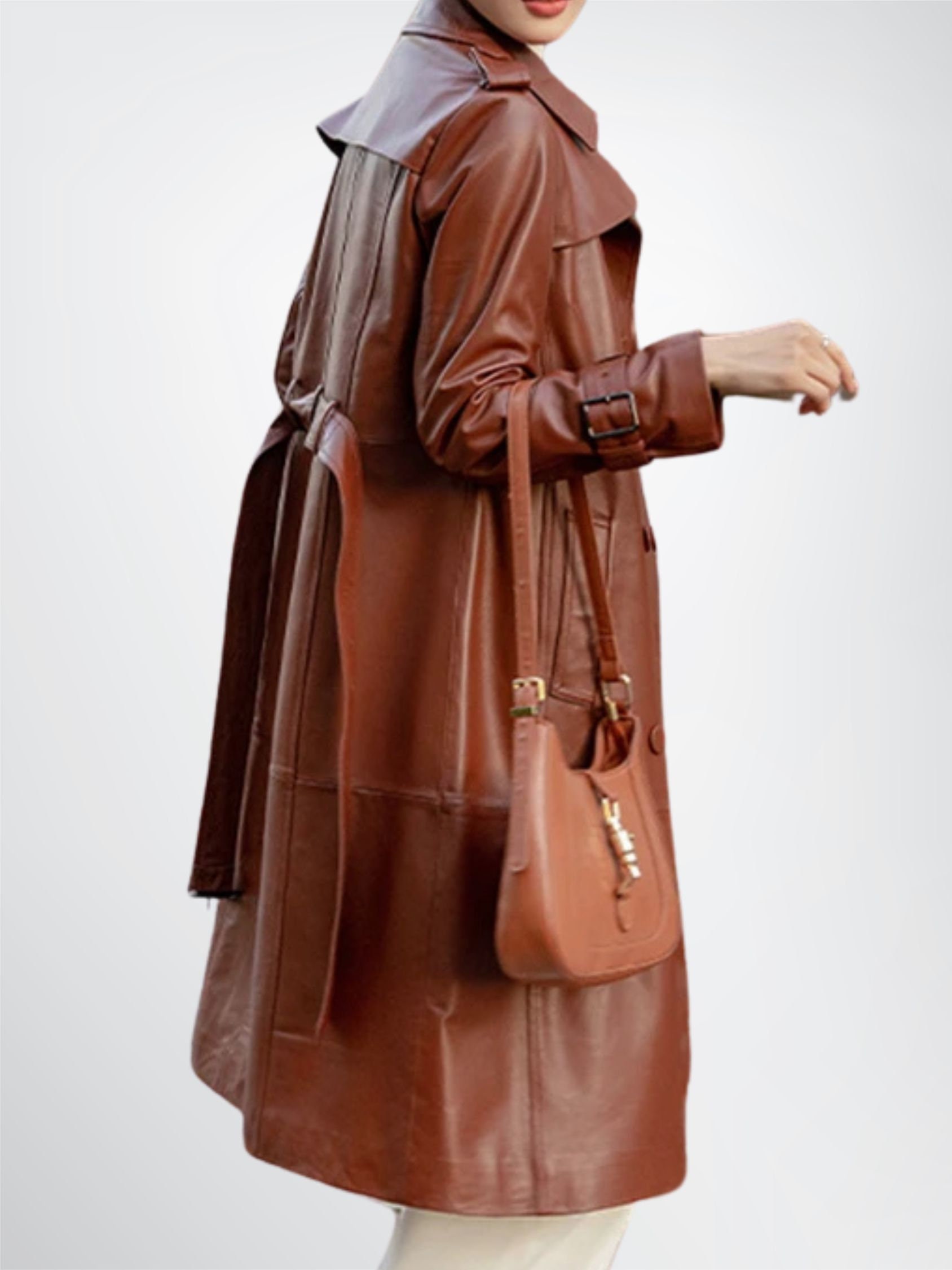 Elegant Women's Genuine Soft Leather Trench Coat, Brown Long Leather ...