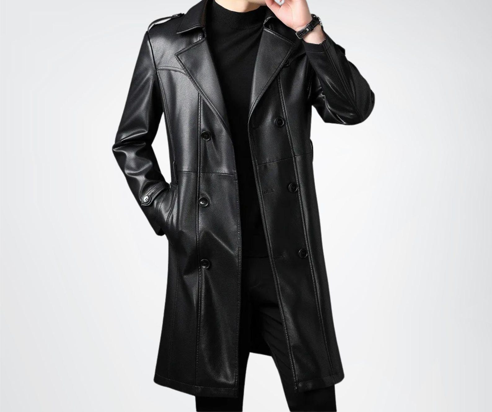 Handmade Premium Leather Long Coat for Men, Genuine Leather Overcoat ...