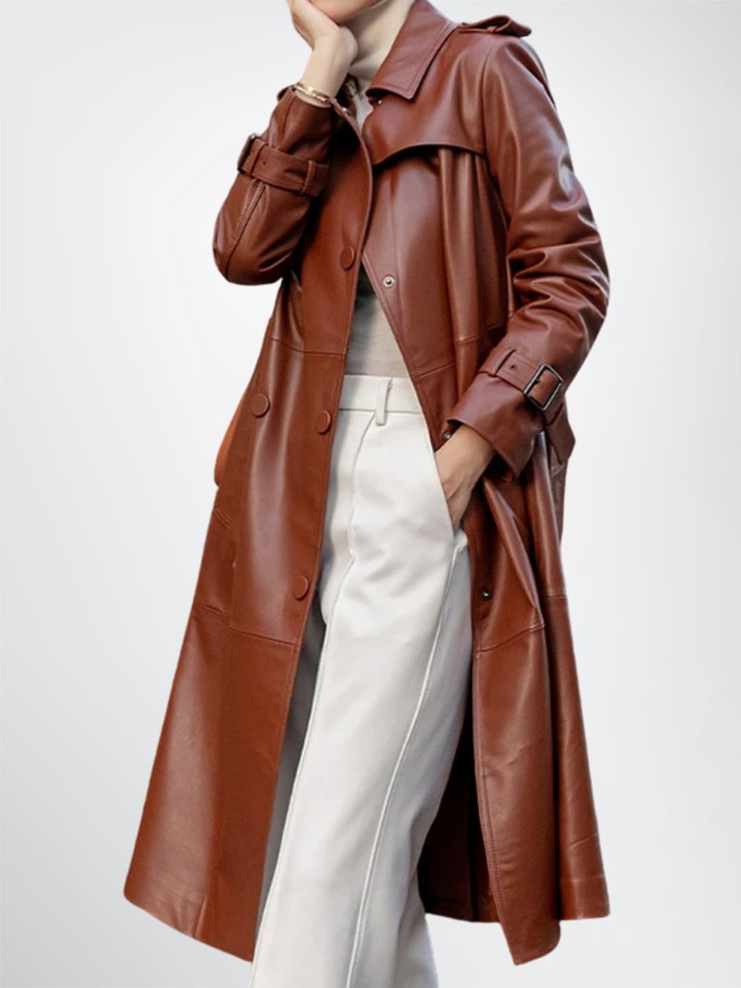 Elegant Women's Genuine Soft Leather Trench Coat, Brown Long Leather ...