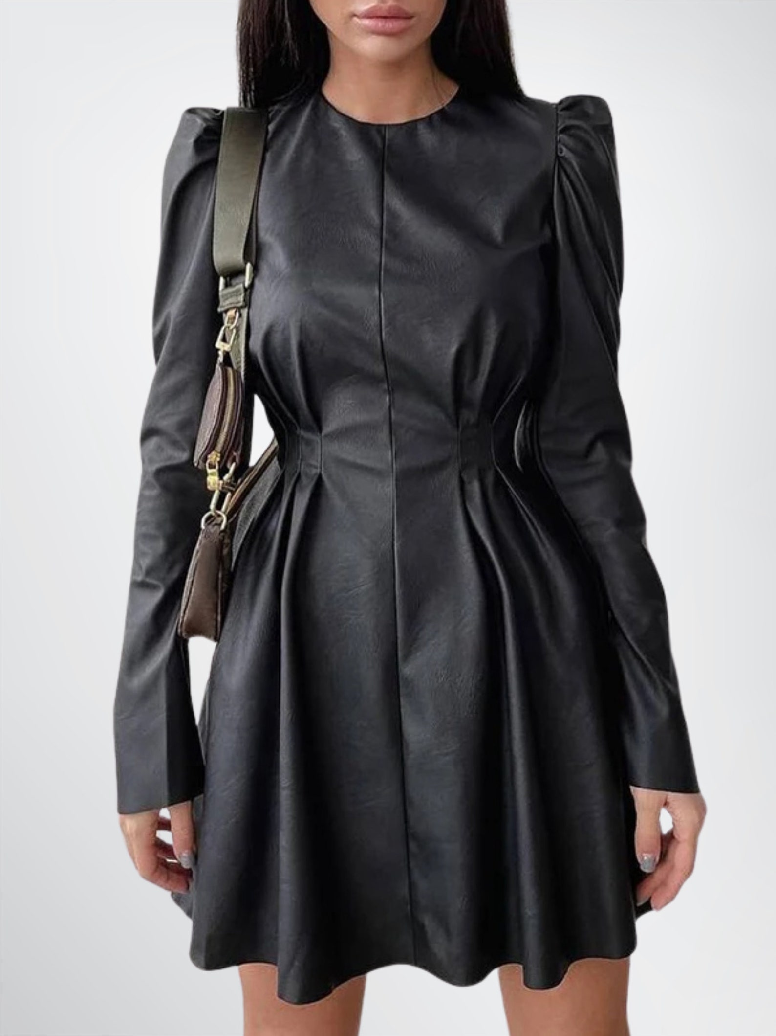Women's Handmade Soft Genuine Leather Dress With Zip Closure, Full Puff Sleeve Black Leather ...