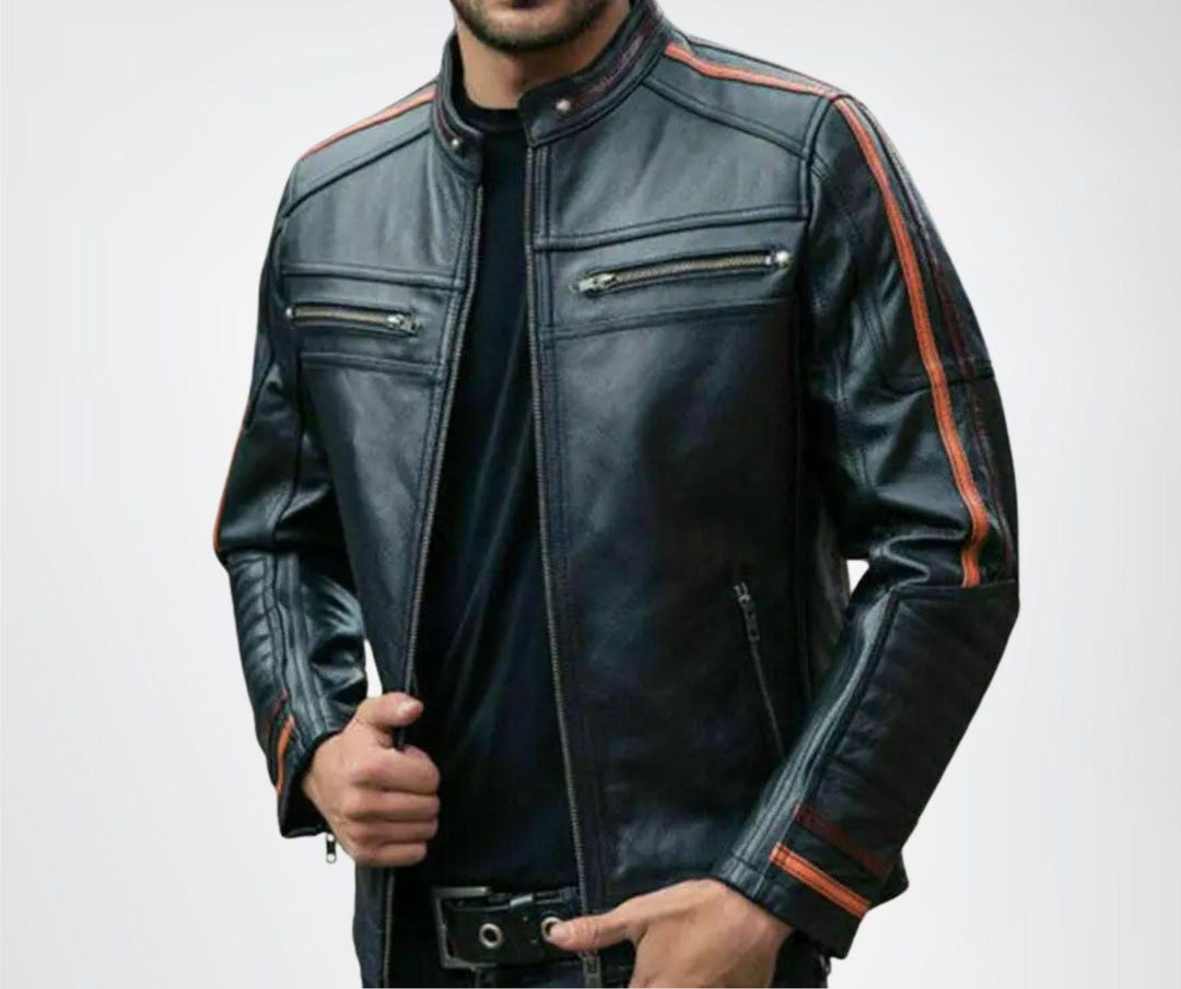 Men's Black Retro Cafe Racer Genuine Leather Jacket, Moto Leather ...