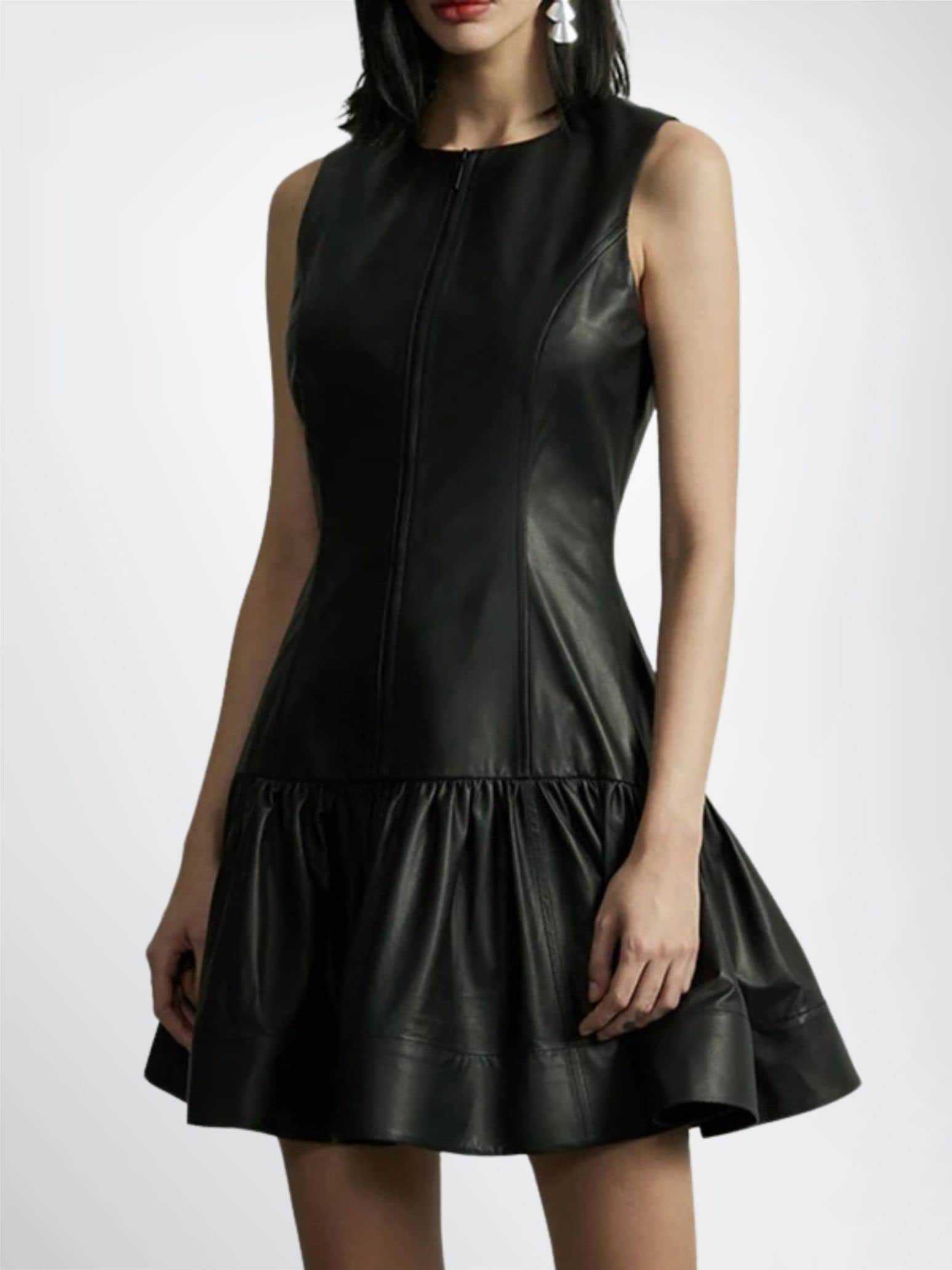 Women's Handmade Soft Genuine Leather Dress With Zip Closure, Tailored Sleeveless Black Leather ...