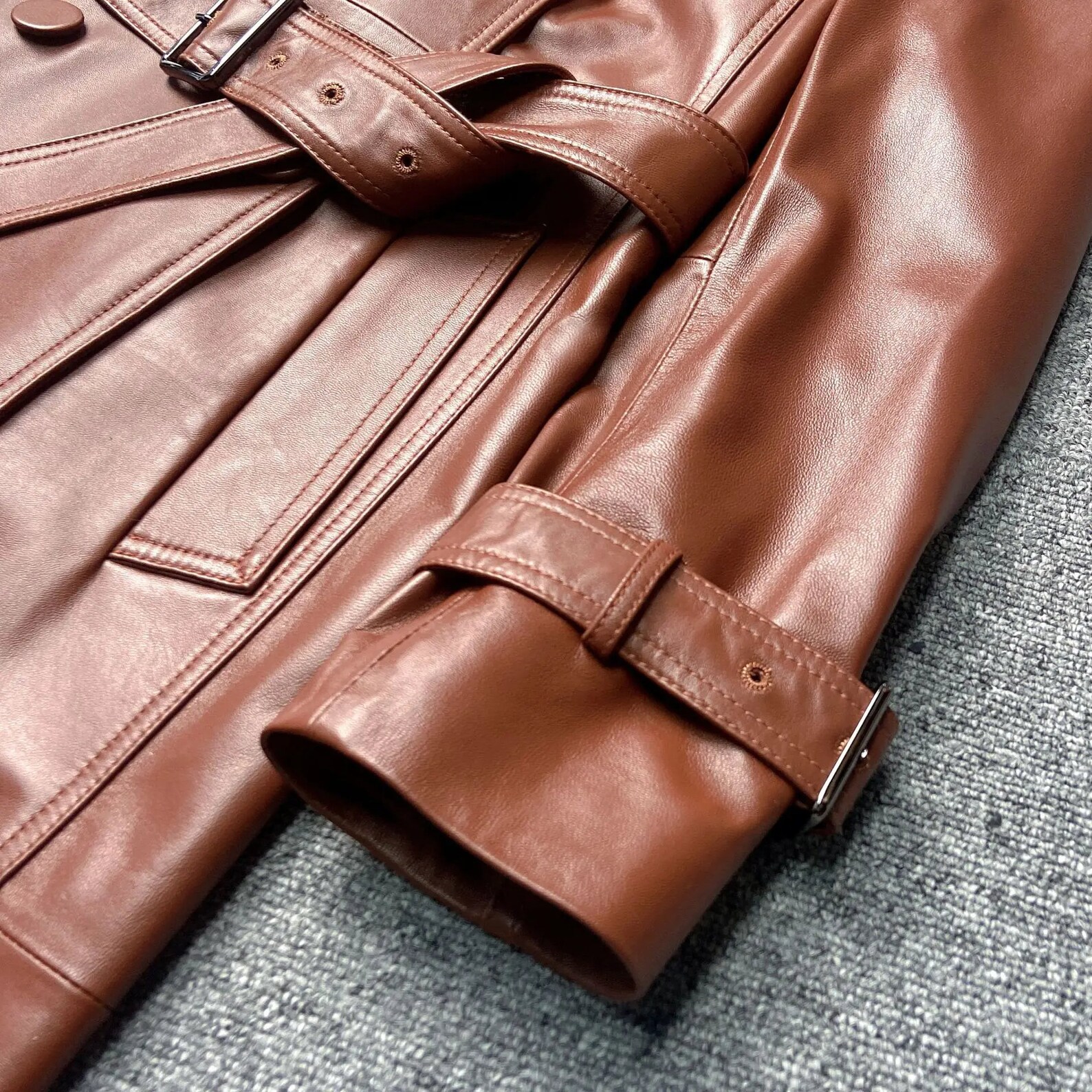 Elegant Women's Genuine Soft Leather Trench Coat, Brown Long Leather ...