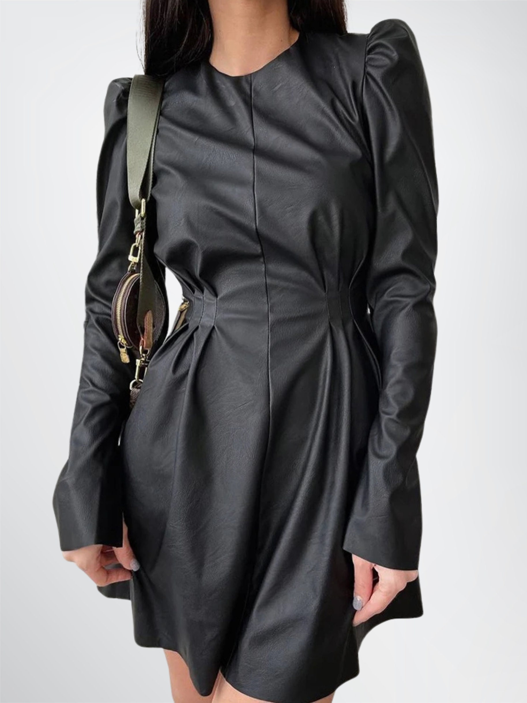 Women's Handmade Soft Genuine Leather Dress With Zip Closure, Full Puff Sleeve Black Leather ...